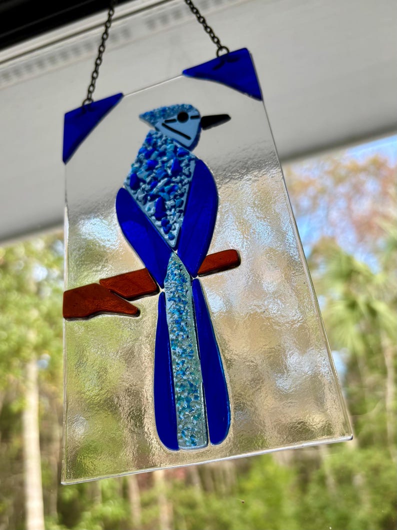Fused Glass Blue Jay Bird Suncatcher Window: Textured Frit Modern ...