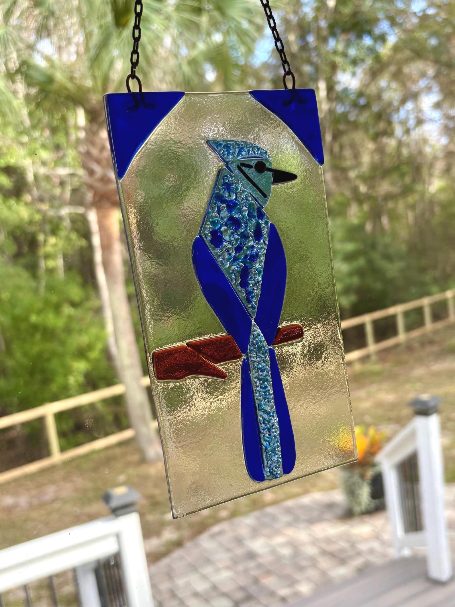 Fused Glass Blue Jay Bird Suncatcher Window: Textured Frit Modern ...