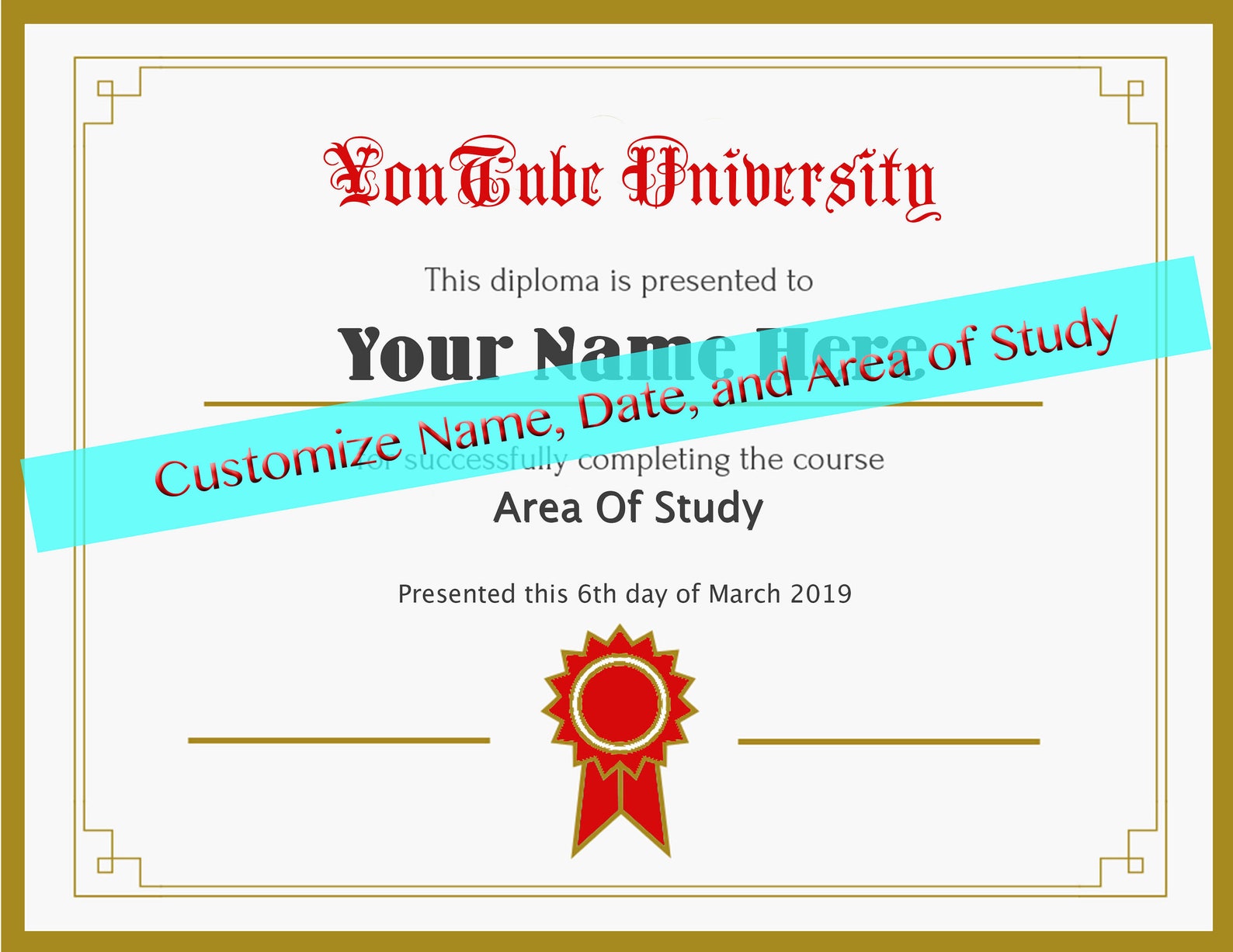 Custom Youtube University Certificate Digital Download | Personalized ...