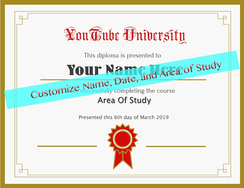 Custom Youtube University Certificate Digital Download | Personalized ...