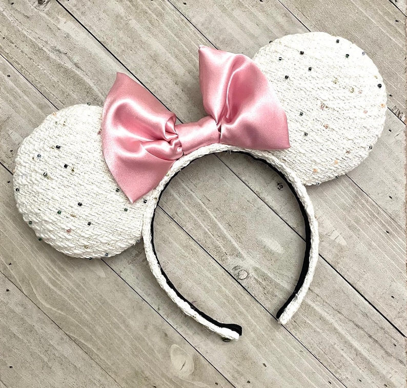 Pink Cream Tweed Beaded Mouse Ears Headband Princess Adult Child Theme ...