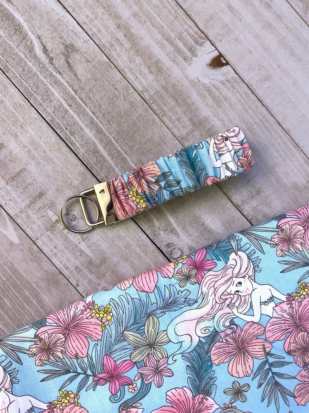 Scrunchie Key Fob Wristlet Keychain Ariel the Little Mermaid Floral ...
