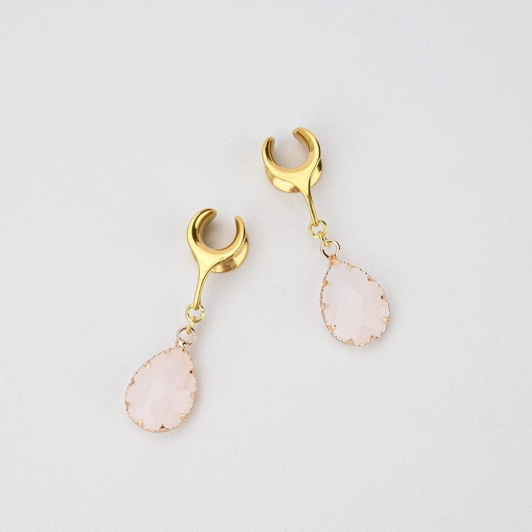 Golden Crescent Ear Saddles With Rose Quartz Teardrop | Sizes Available ...