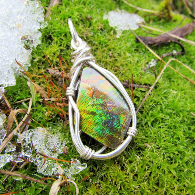 Ammolite Gem Wire Wrapped Sterling Silver Pendant - Etsy