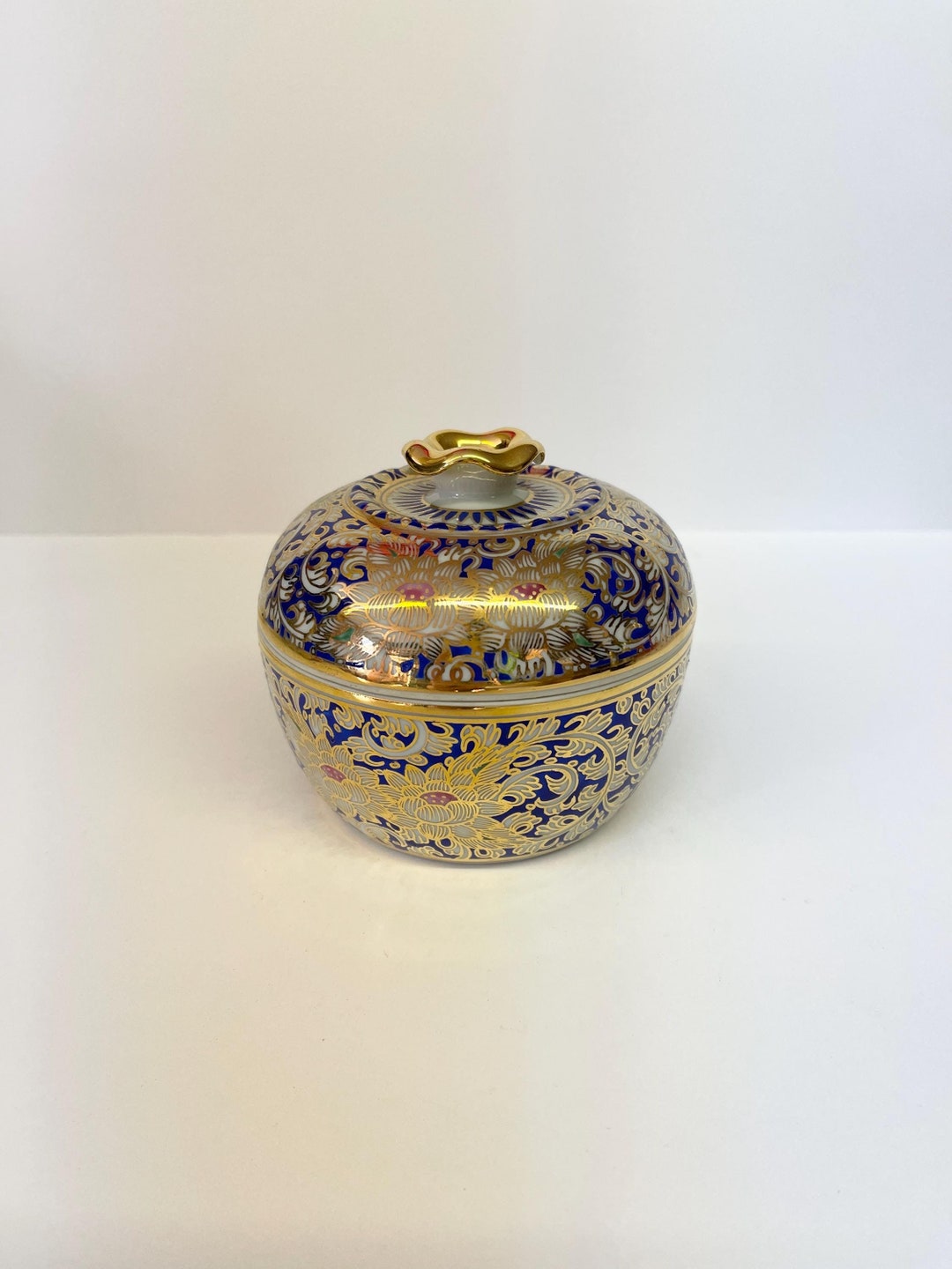 Thai Benjarong Porcelain Jar With Lid - Gold Trim - Thailand ...