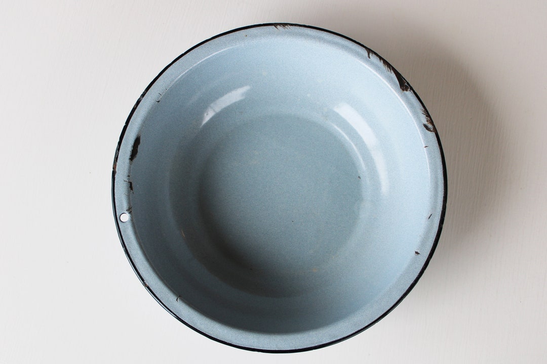 Medium Round Blue Enamel Wash Basin With Black Trim - Etsy