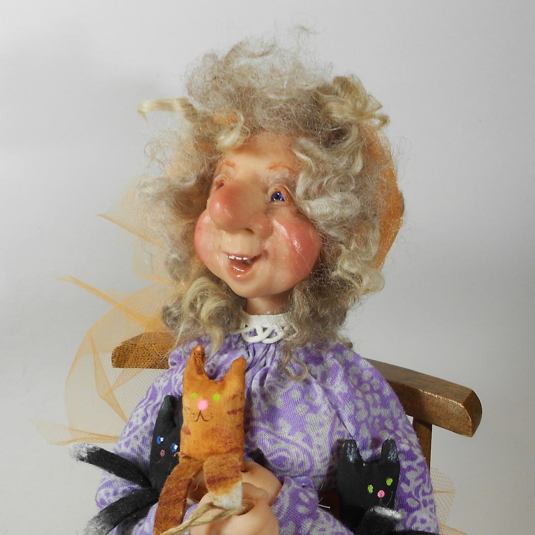 Cat Lady Art Doll, Fairy Godmother With Cats, Cat Lover Gift, Polymer ...