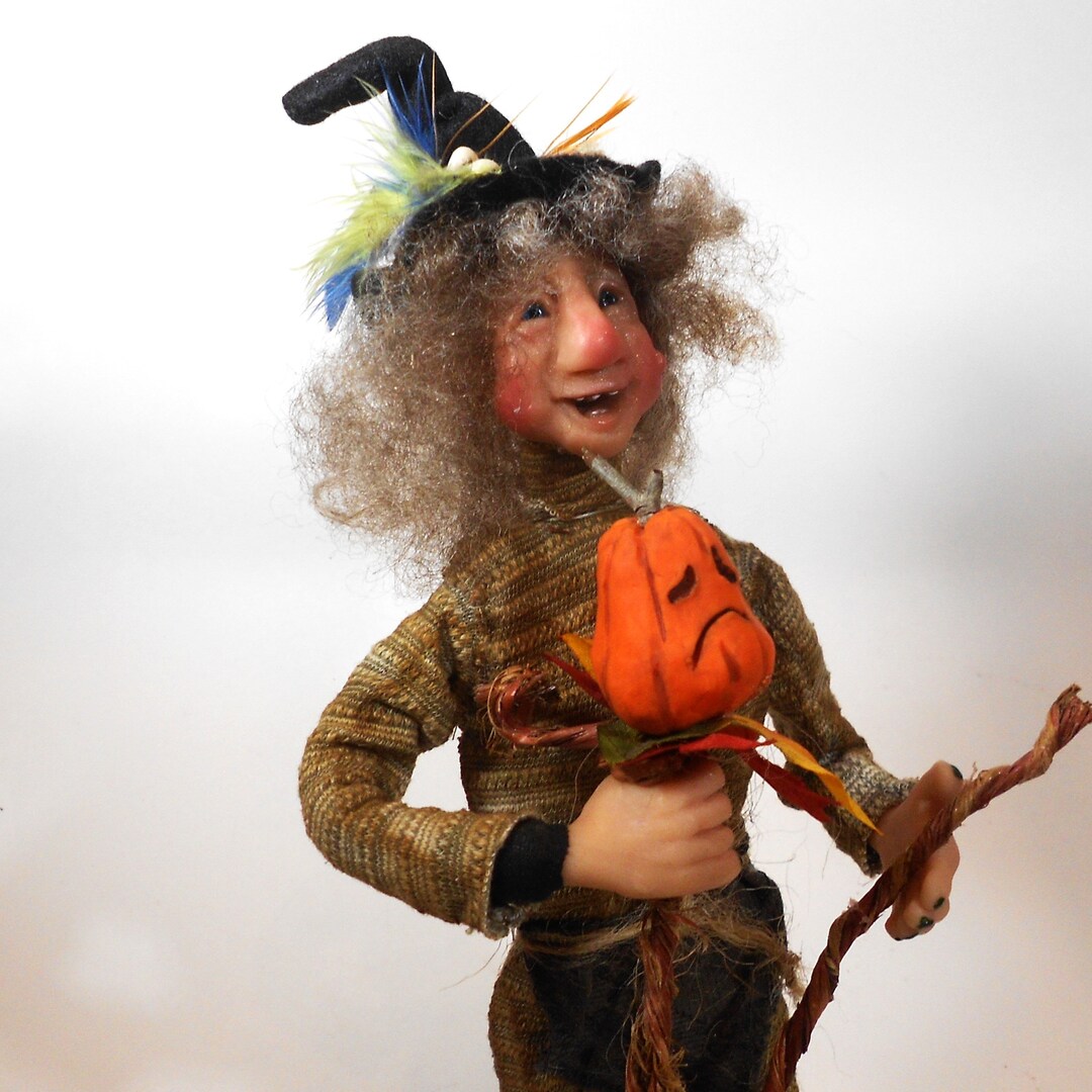 Posable Halloween Witch With Jack O Lantern, Handmade Witch With Broom ...
