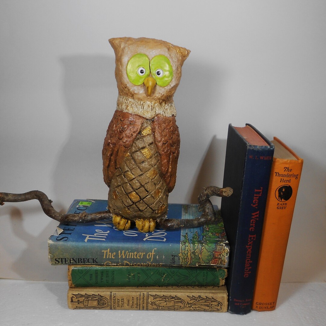 Primative Paper Mache Owl, Folk Art Bird, Owl on a Branch, Floral ...
