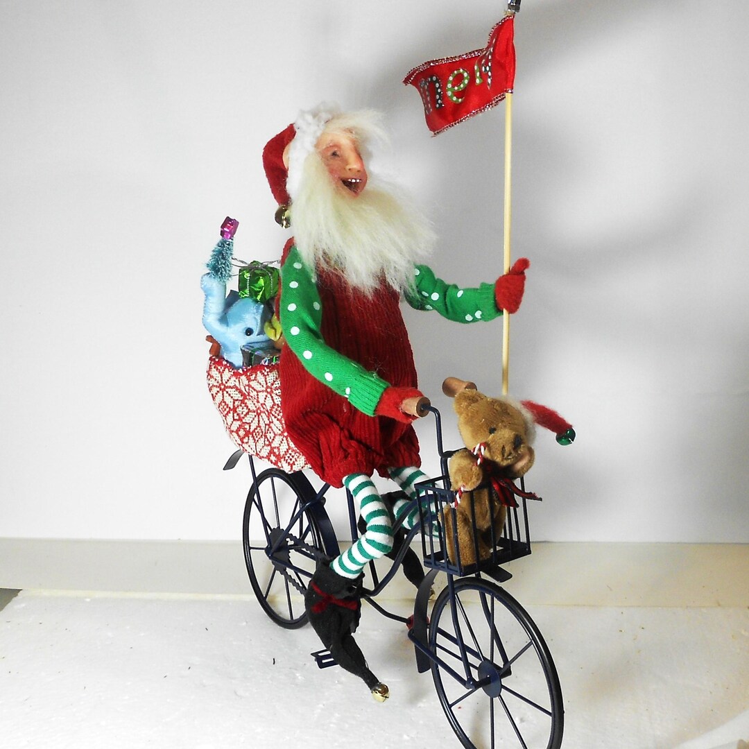 Santa Riding a Bike, Polymer Clay Elf, Metal Bicycle, Christmas ...