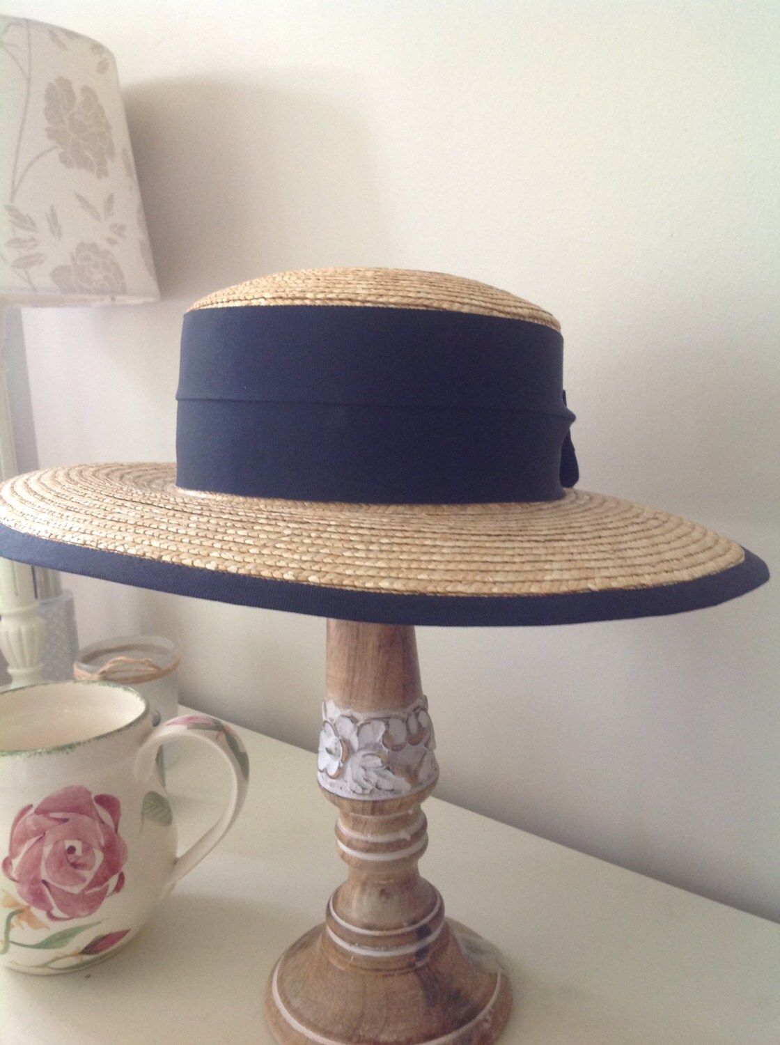 Laura Ashley Hat, Vintage Hat, Straw Boater, Summer Hat, Grosgrain ...