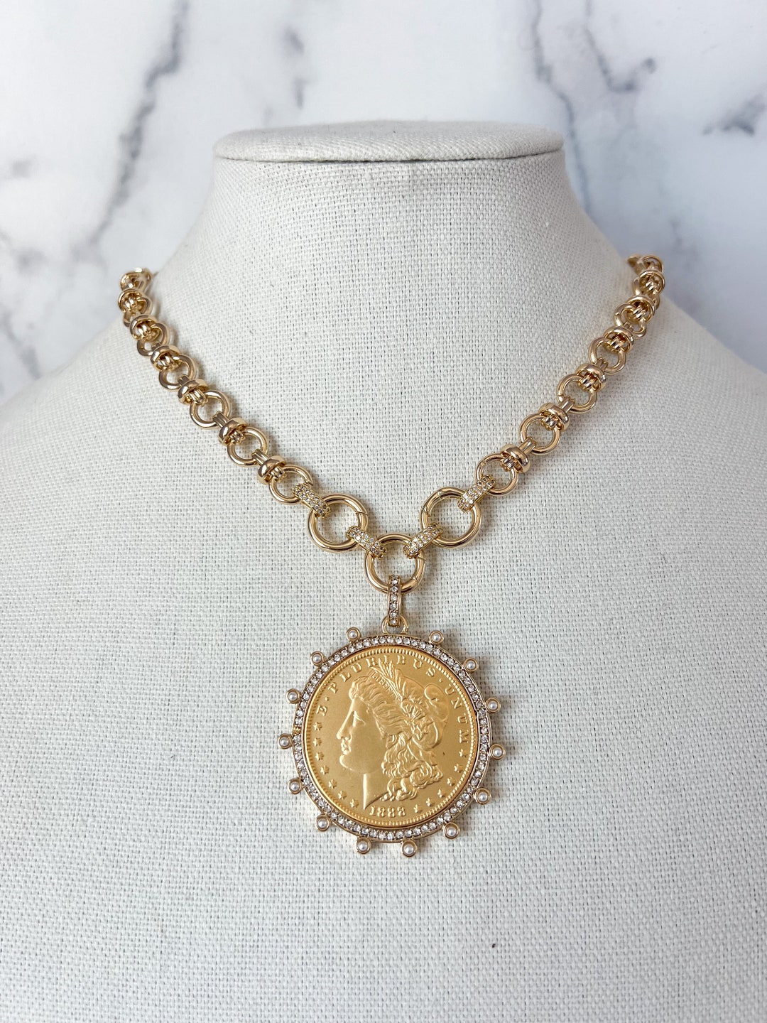 Vintage Coin Necklace Gold Statement Necklace Gold Chunky Necklace ...