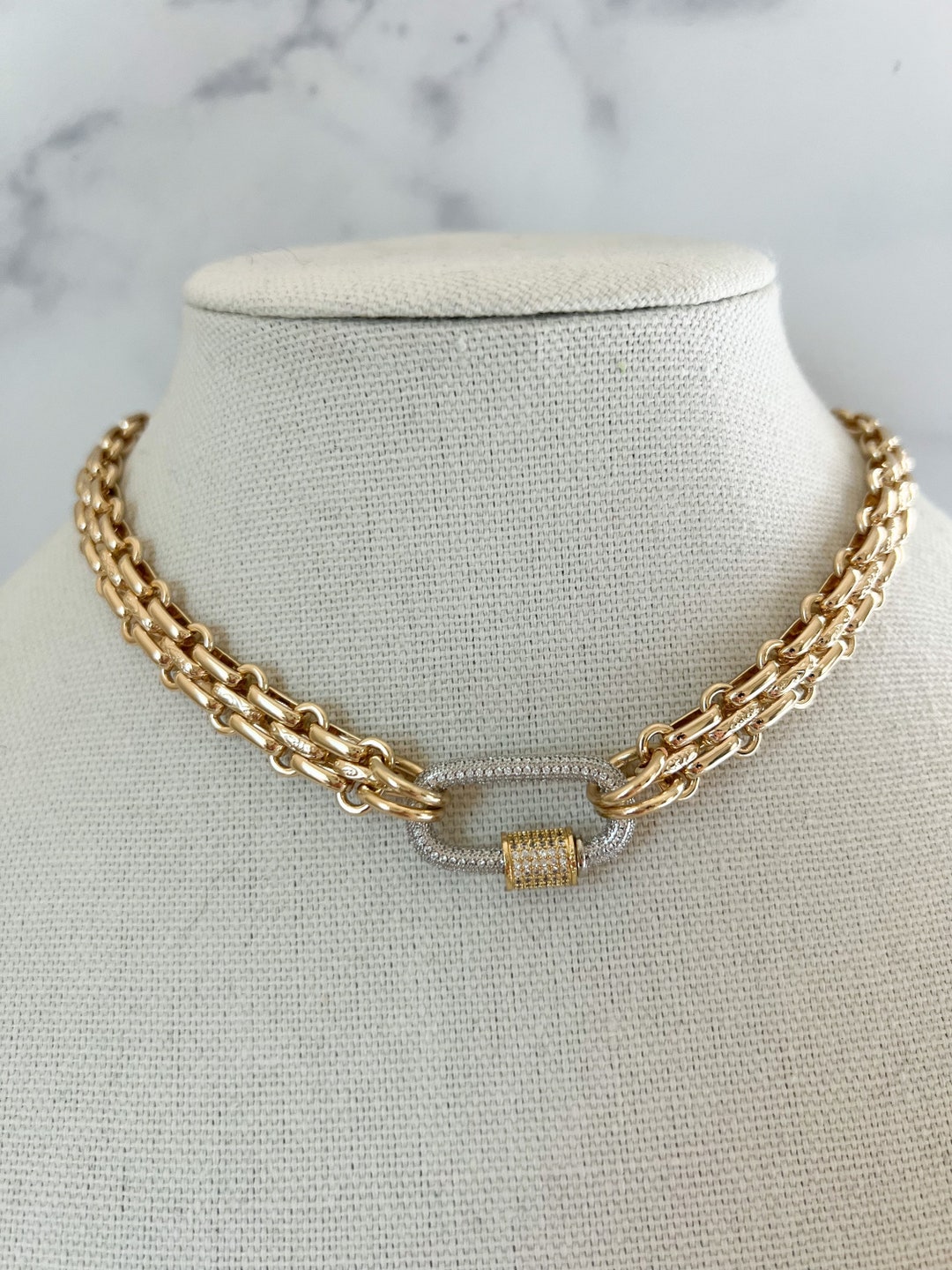 Gold Carabiner Necklace Chunky Gold Necklace Double Chain Gold Necklace ...