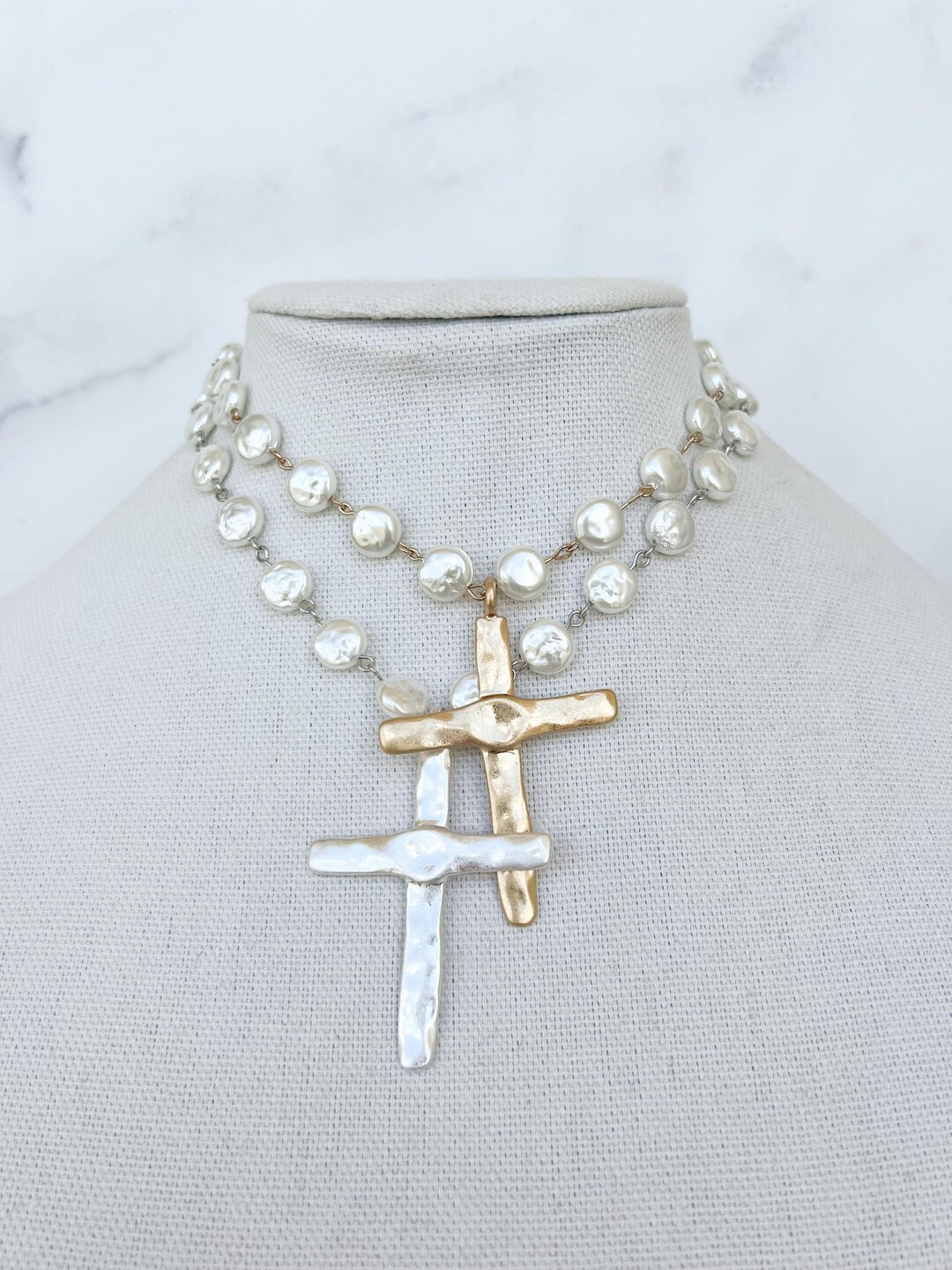 Pearl Cross Necklace Vintage Porcelain Glass Pearl Pearl Beaded Chain ...