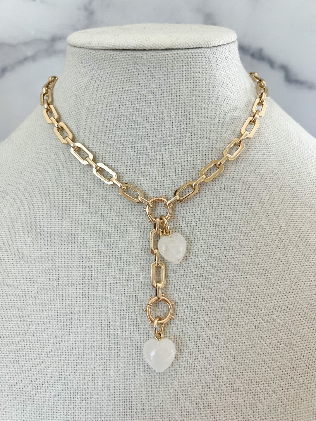 Chunky Gold Necklace Chunky Mixed Paperclip Chain Quartz Heart Charm ...