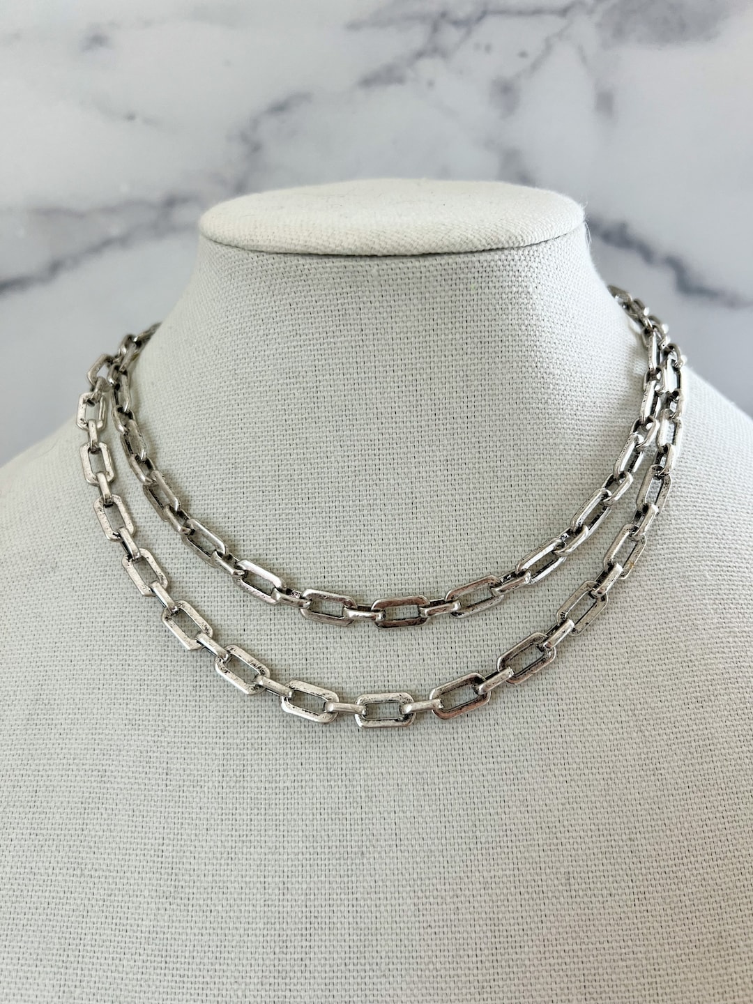 Silver Chain Necklace Double Link Chain Necklace Burnished Silver Chain ...
