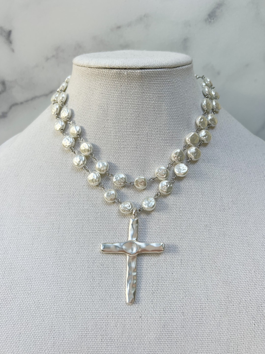 Pearl Cross Necklace Vintage Porcelain Glass Pearl Pearl Beaded Chain ...