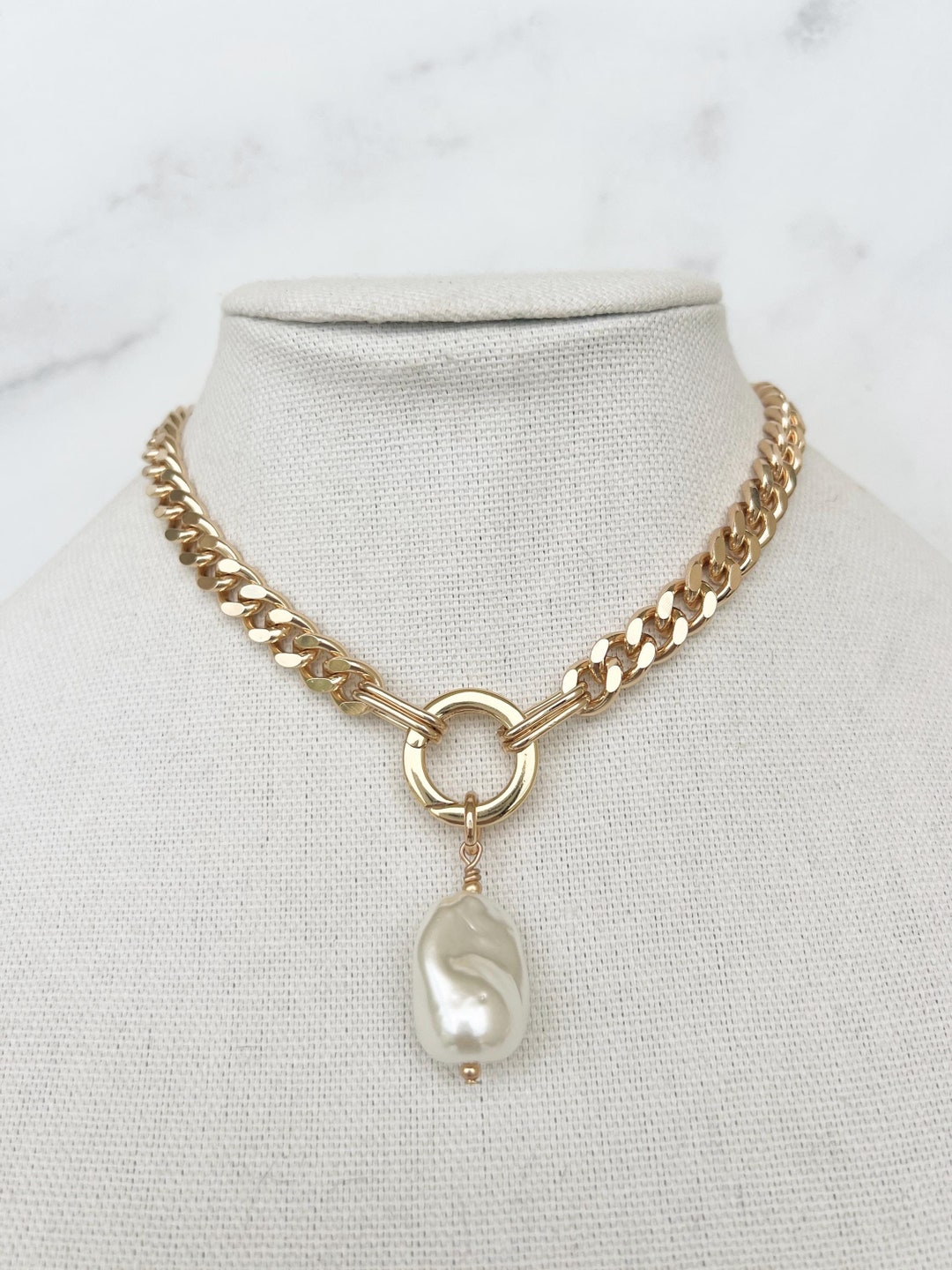 Gold Pearl Necklace Miami Cuban Chain Gold Curb Chain Necklace Large ...