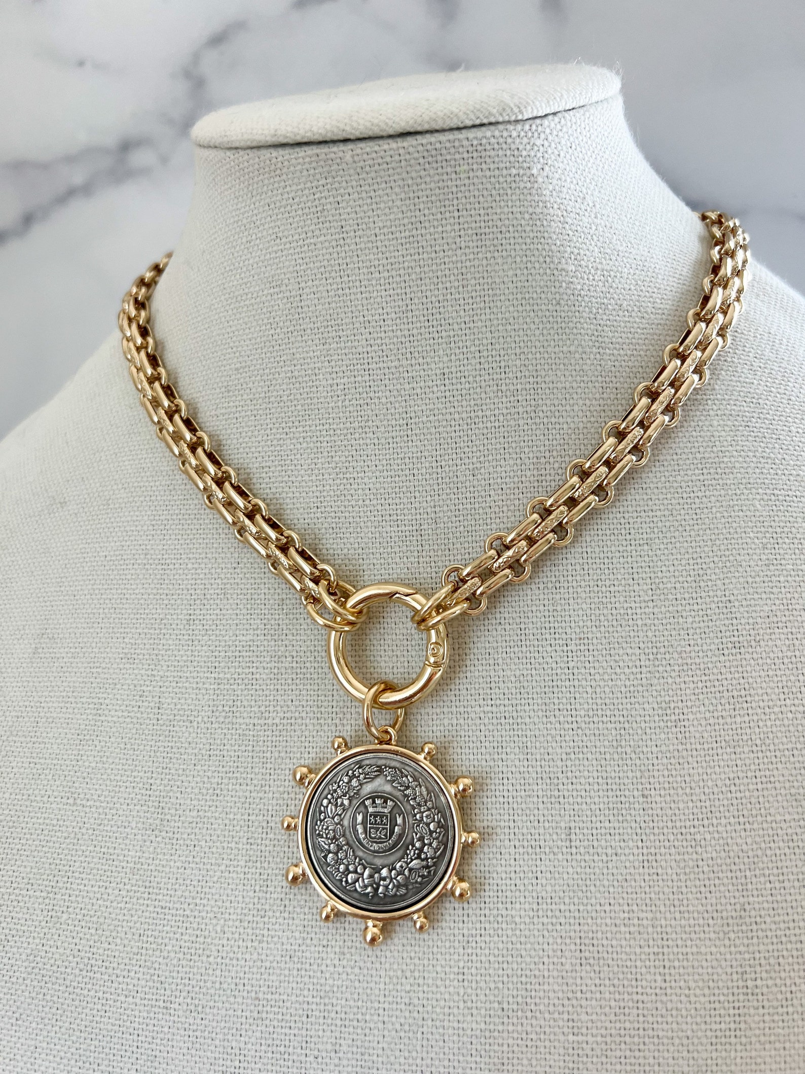 Gold Statement Necklace Gold Chunky Necklace Large Gold Coin Pendant XL ...