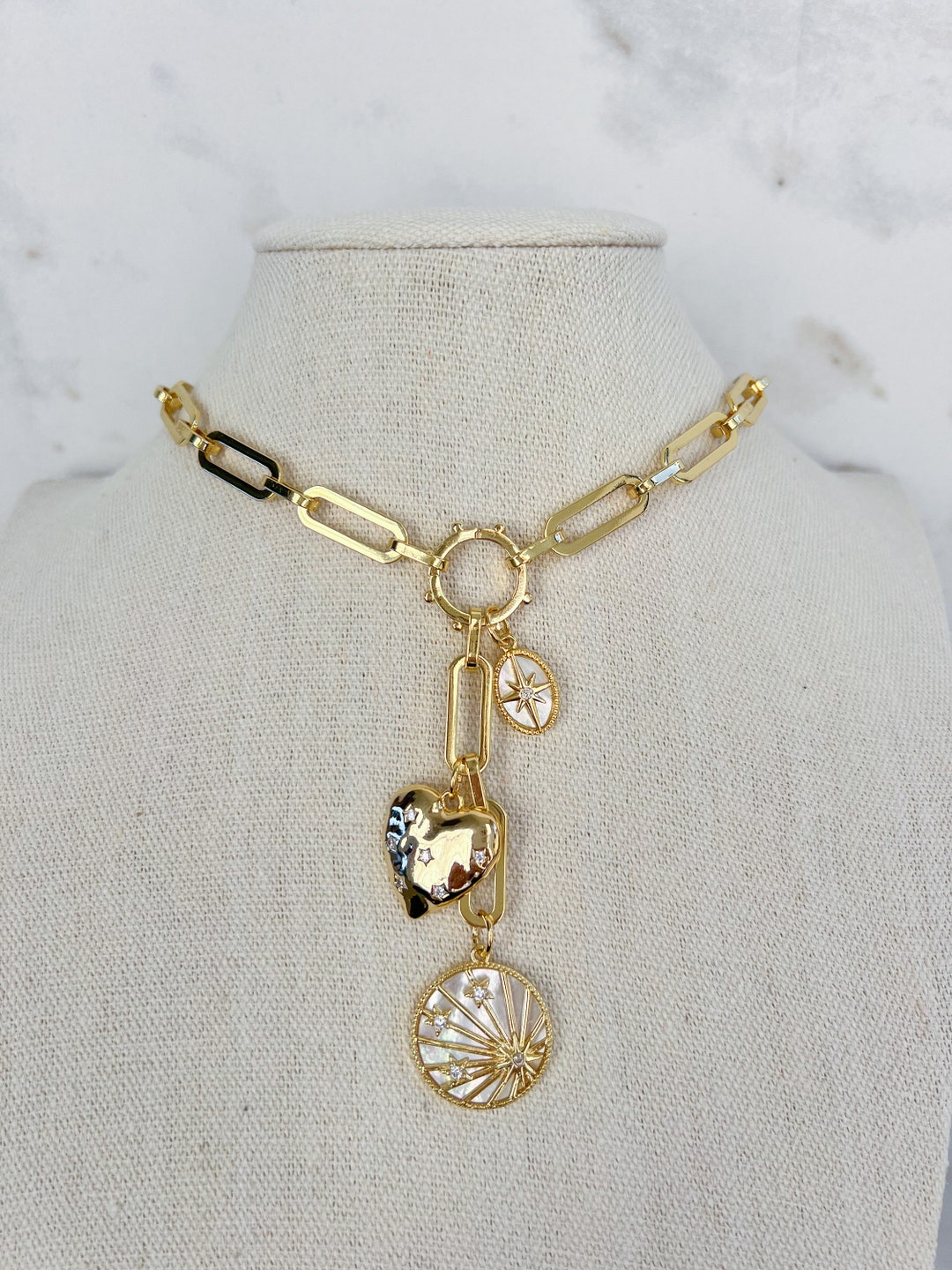 18k Gold Filled Paperclip Necklace Gold Charm Necklace Gold Multi Charm ...