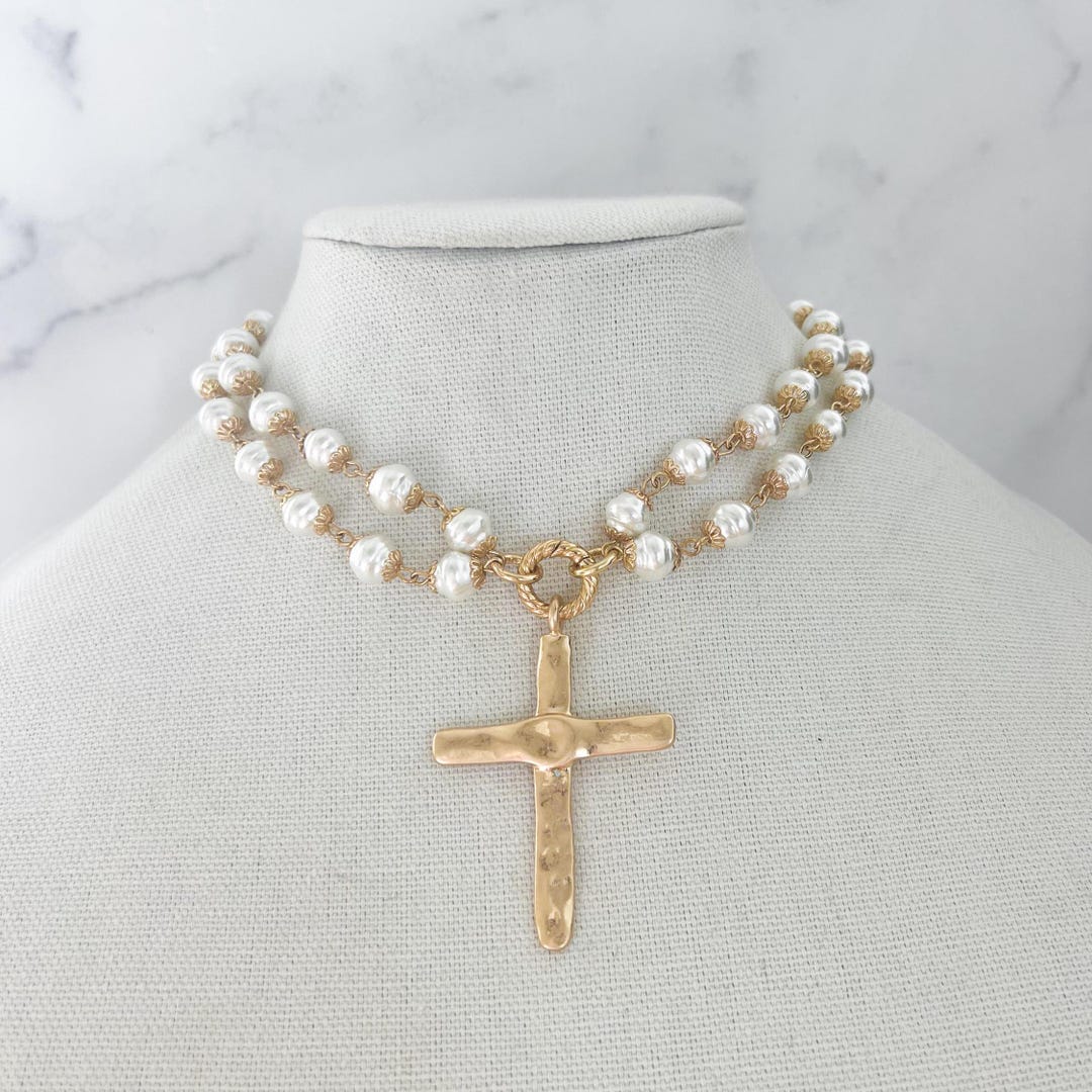 Pearl Cross Necklace Vintage Porcelain Glass Pearl Pearl Beaded Chain ...