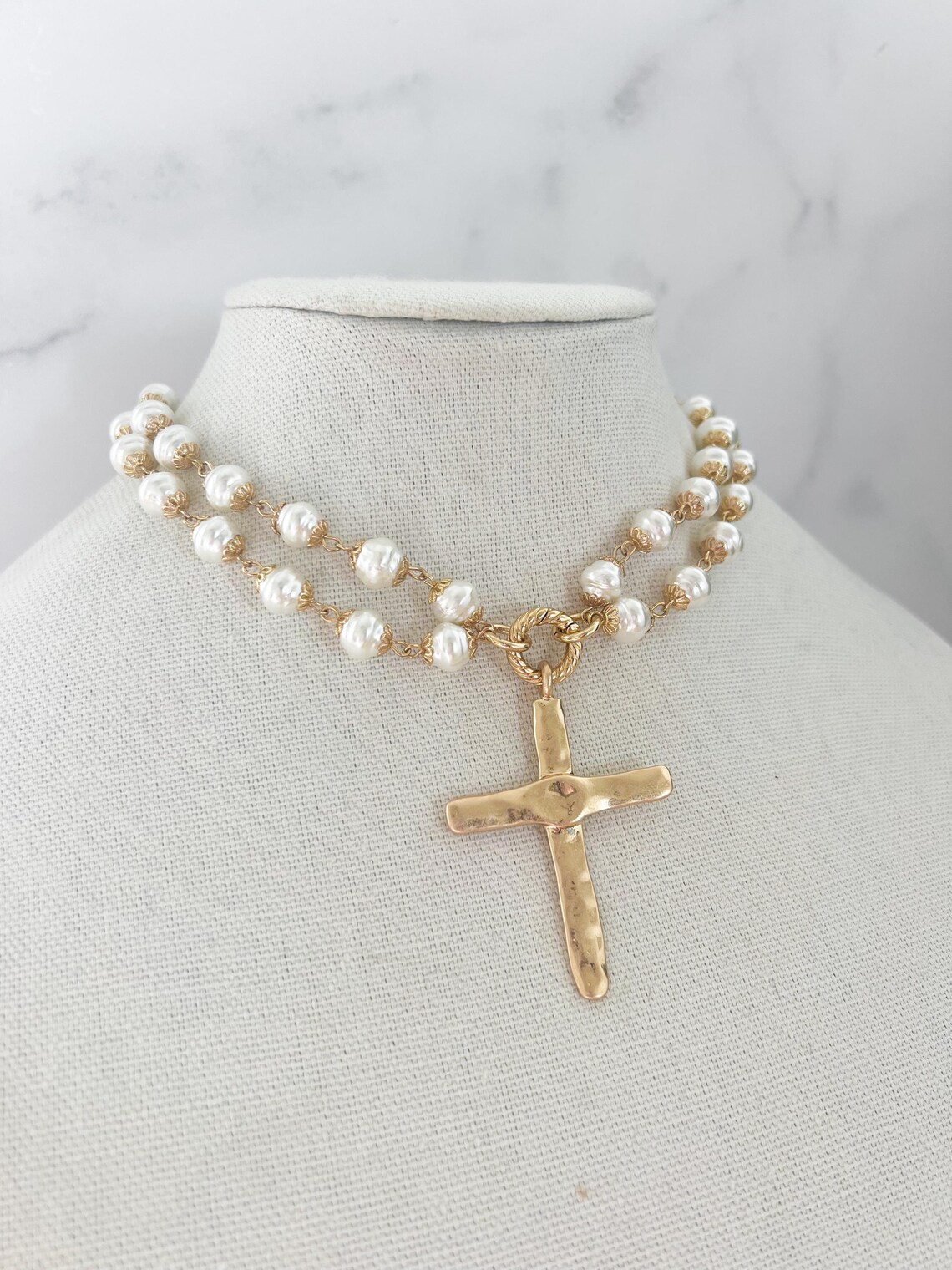 Pearl Cross Necklace Vintage Porcelain Glass Pearl Pearl Beaded Chain ...