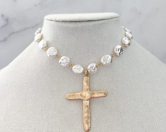 Pearl Cross Necklace Vintage Porcelain Glass Pearl Pearl Beaded Chain ...