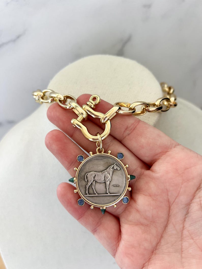 Silver Equestrian Coin Necklace Vintage Horse Coin Shackle Chain ...