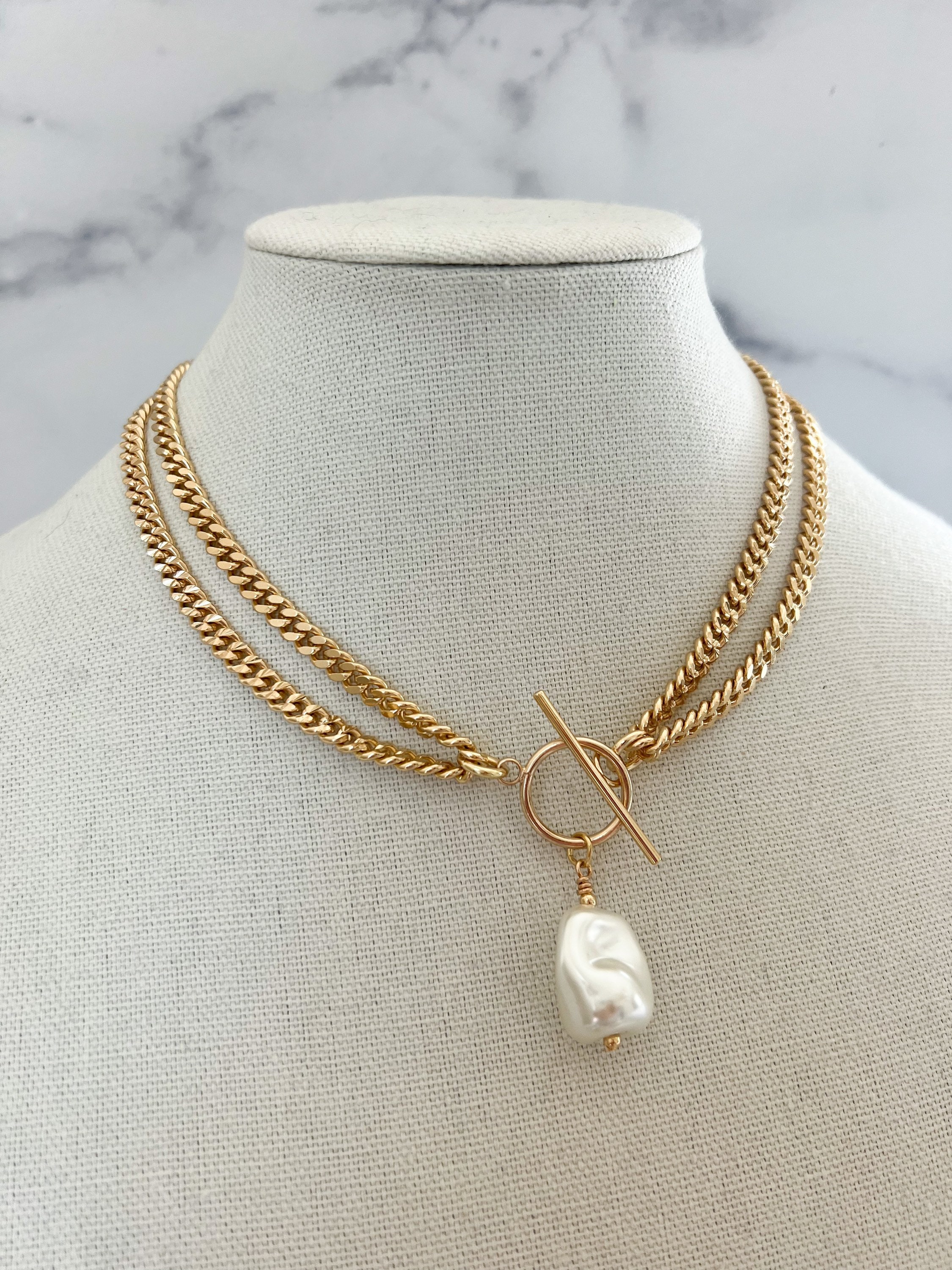 Gold Pearl Necklace Baroque Pearl Necklace Curb Chain Necklace Large ...
