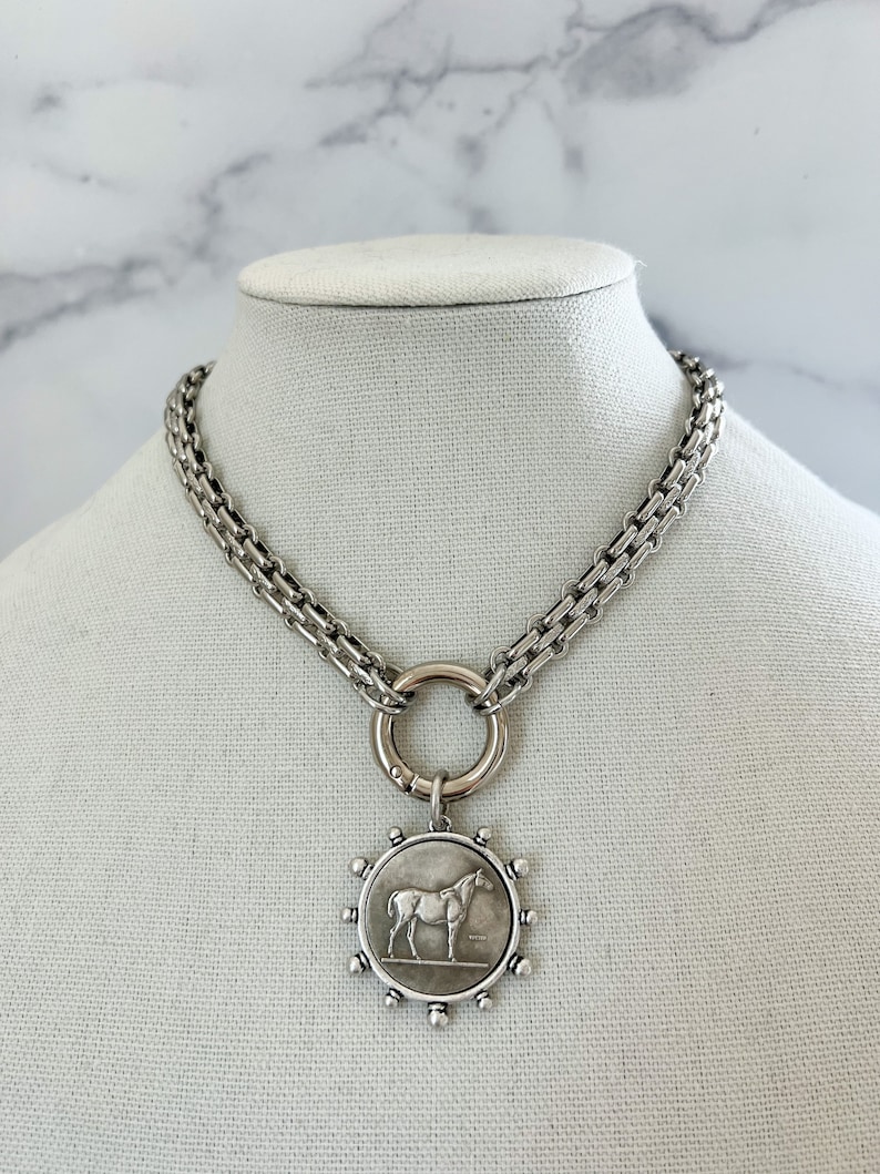 Silver Statement Necklace Silver Chunky Necklace Large Coin Pendant ...