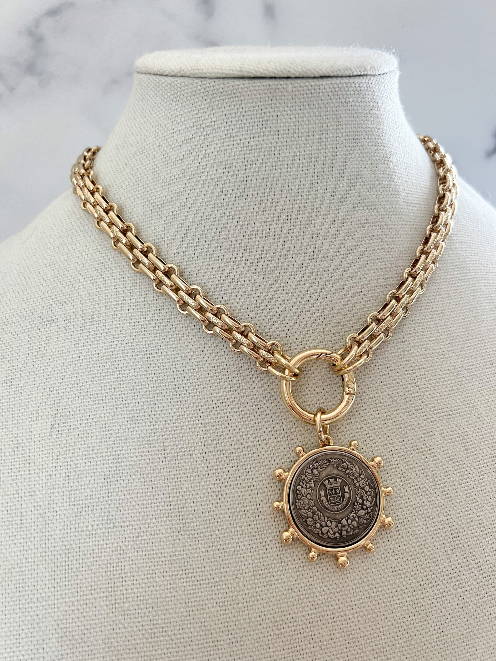 Gold Statement Necklace Gold Chunky Necklace Large Gold Coin Pendant XL ...