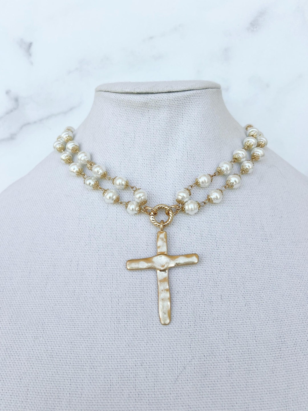 Pearl Cross Necklace Vintage Porcelain Glass Pearl Pearl Beaded Chain ...