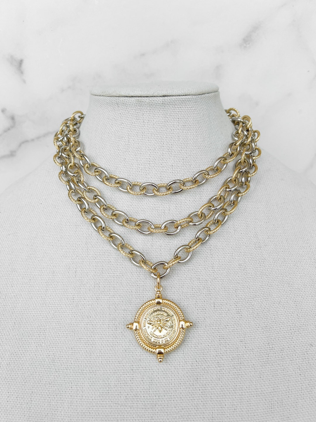 Mixed Metals Chain Necklace Two Tone Link Necklace Gold Rope Chain ...