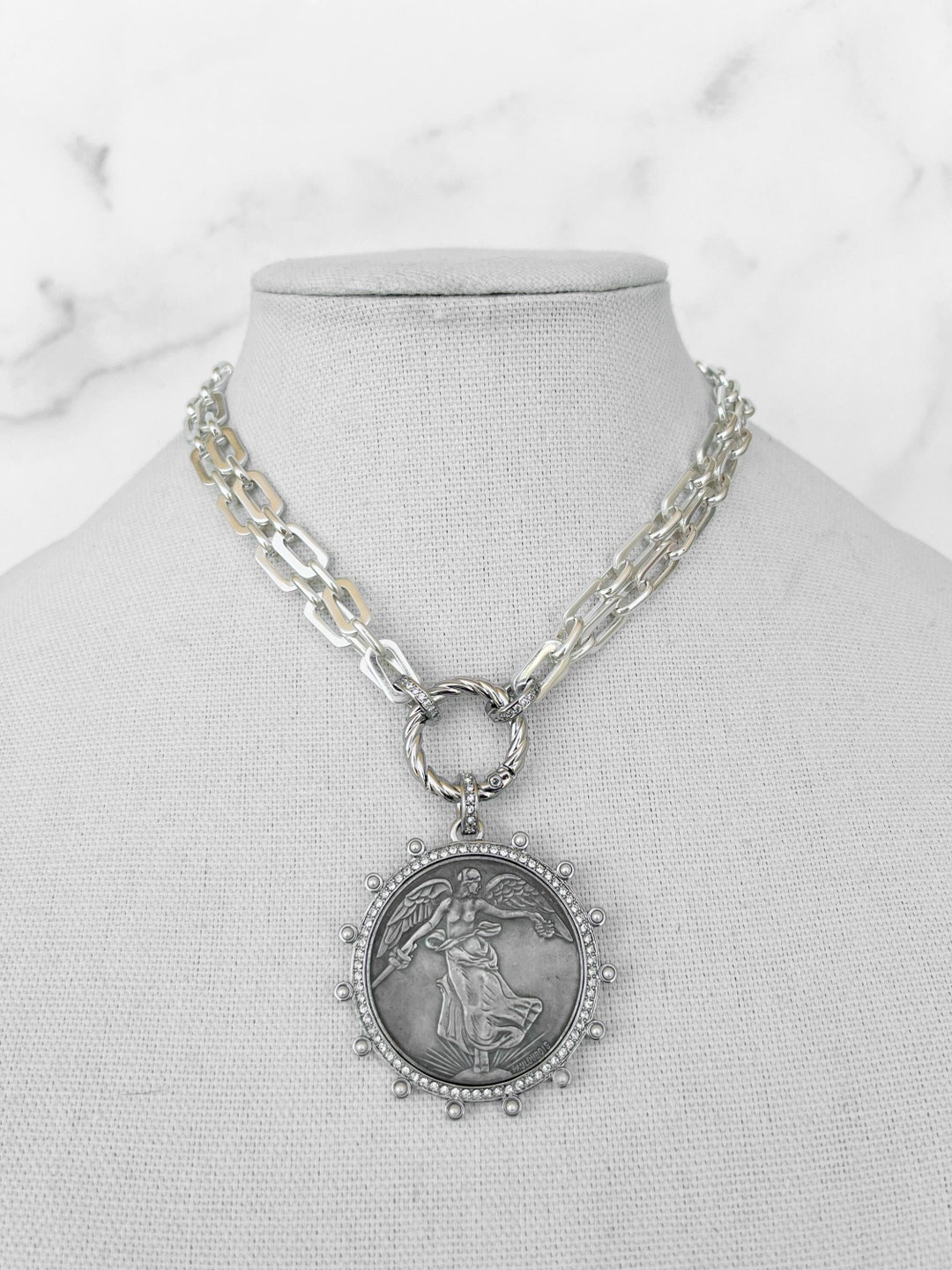 Silver Chain Coin Necklace Vintage Coin Necklace Large Silver Coin ...