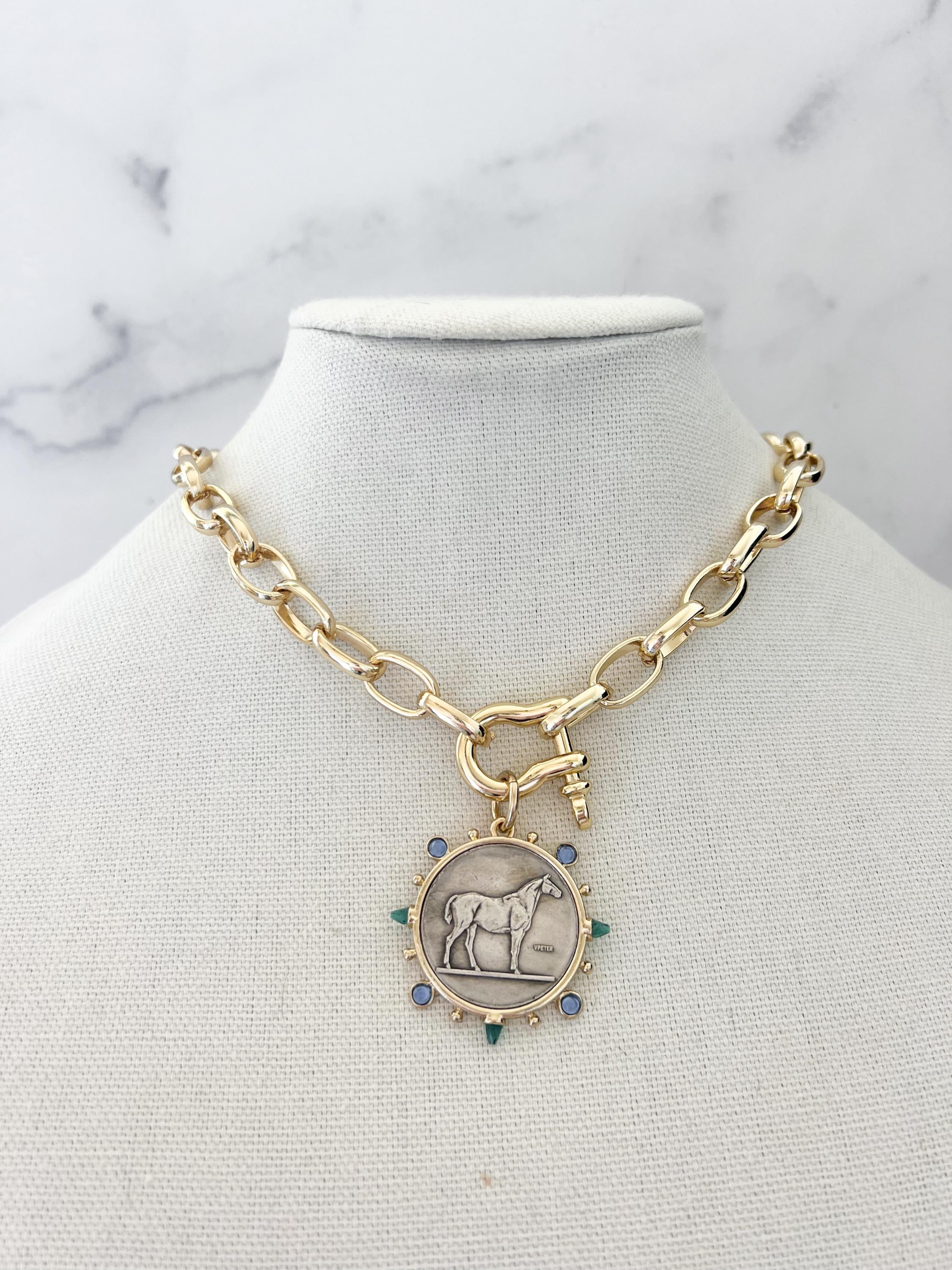 Silver Equestrian Coin Necklace Vintage Horse Coin Shackle Chain ...