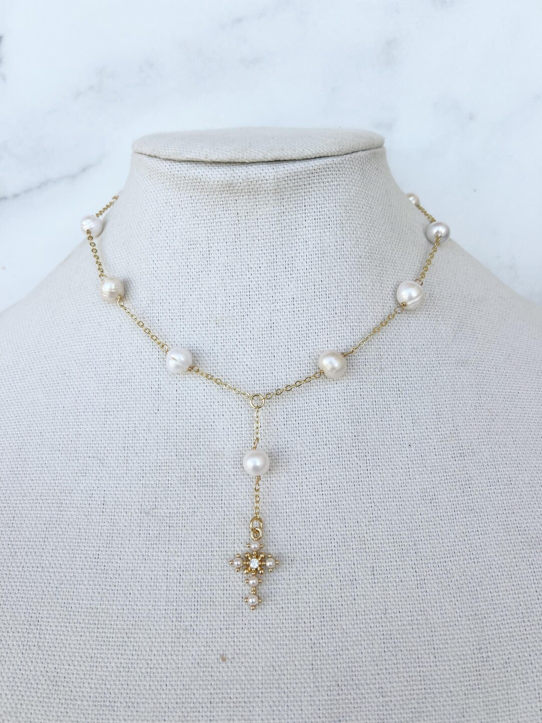 Pearl Cross Necklace Vintage Shell Pearl Chain Necklace Pearl Beaded ...