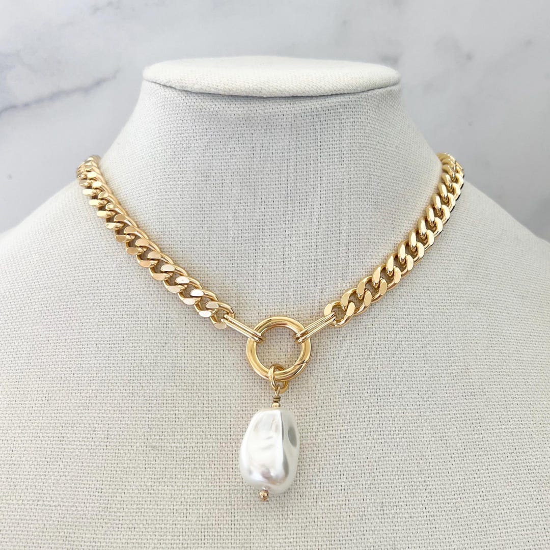 Gold Pearl Necklace Miami Cuban Chain Gold Curb Chain Necklace Large ...