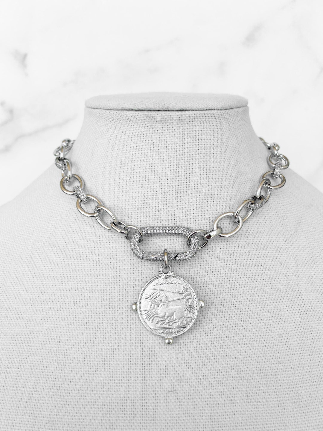 Silver Chain Coin Necklace Vintage Coin Necklace Thick Silver Chain ...