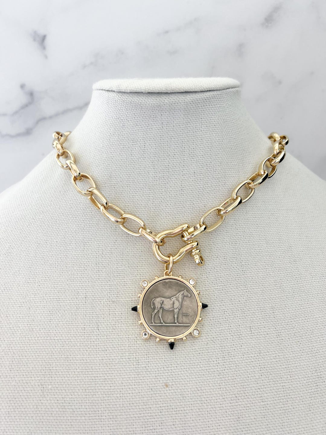 Vintage Equestrian Coin Necklace Gold Horse Coin Horse Shackle Chain ...