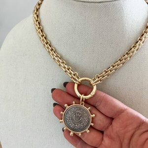 Gold Statement Necklace Gold Chunky Necklace Large Gold Coin Pendant XL ...