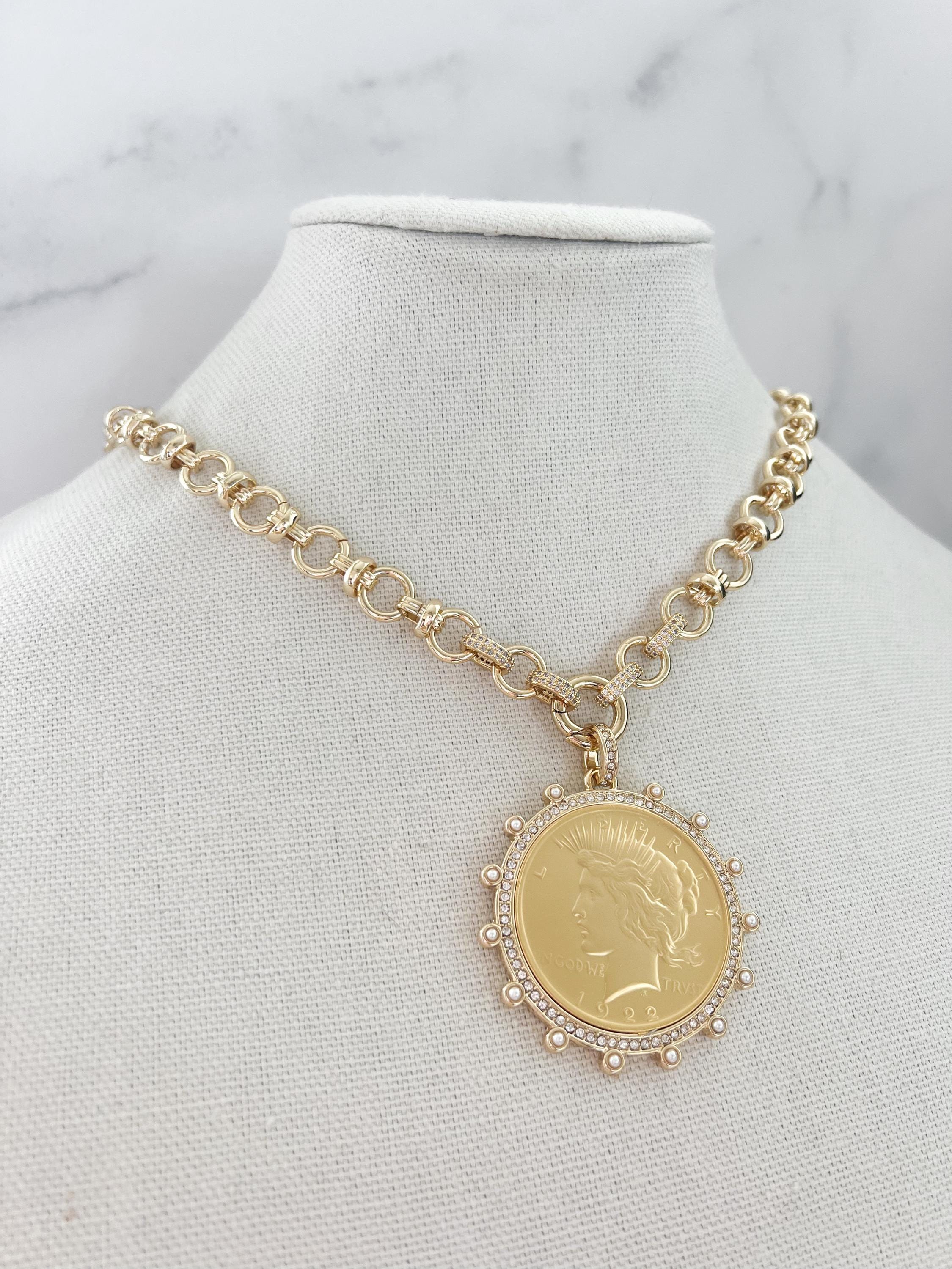 Vintage Coin Necklace Gold Statement Necklace Gold Chunky Necklace ...