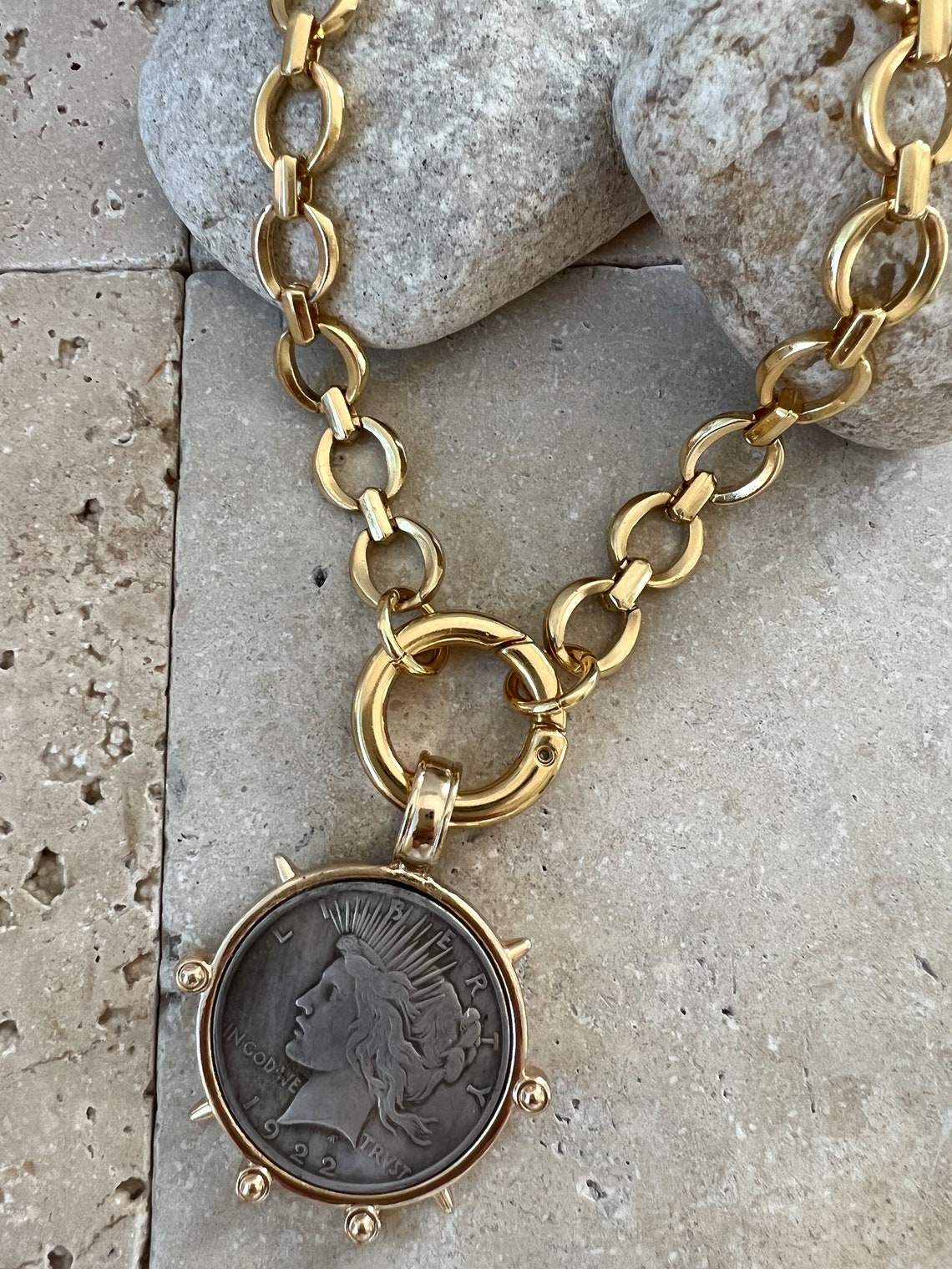 Gold Statement Necklace Gold Chunky Necklace Large Gold Coin - Etsy