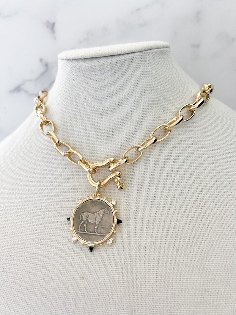 Vintage Equestrian Coin Necklace Gold Horse Coin Horse Shackle Chain ...