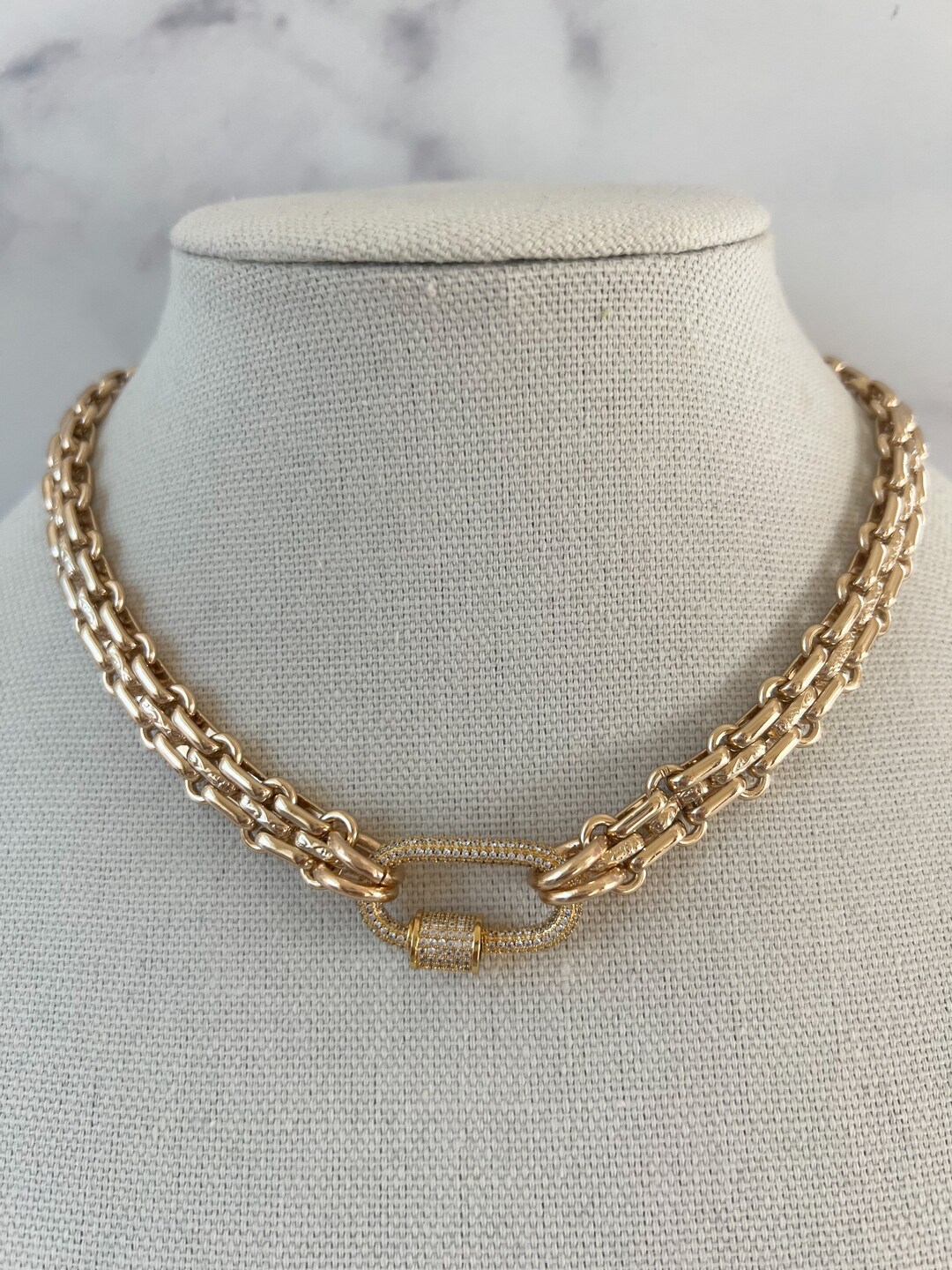 Gold Carabiner Necklace Chunky Gold Necklace Double Chain Gold Necklace ...