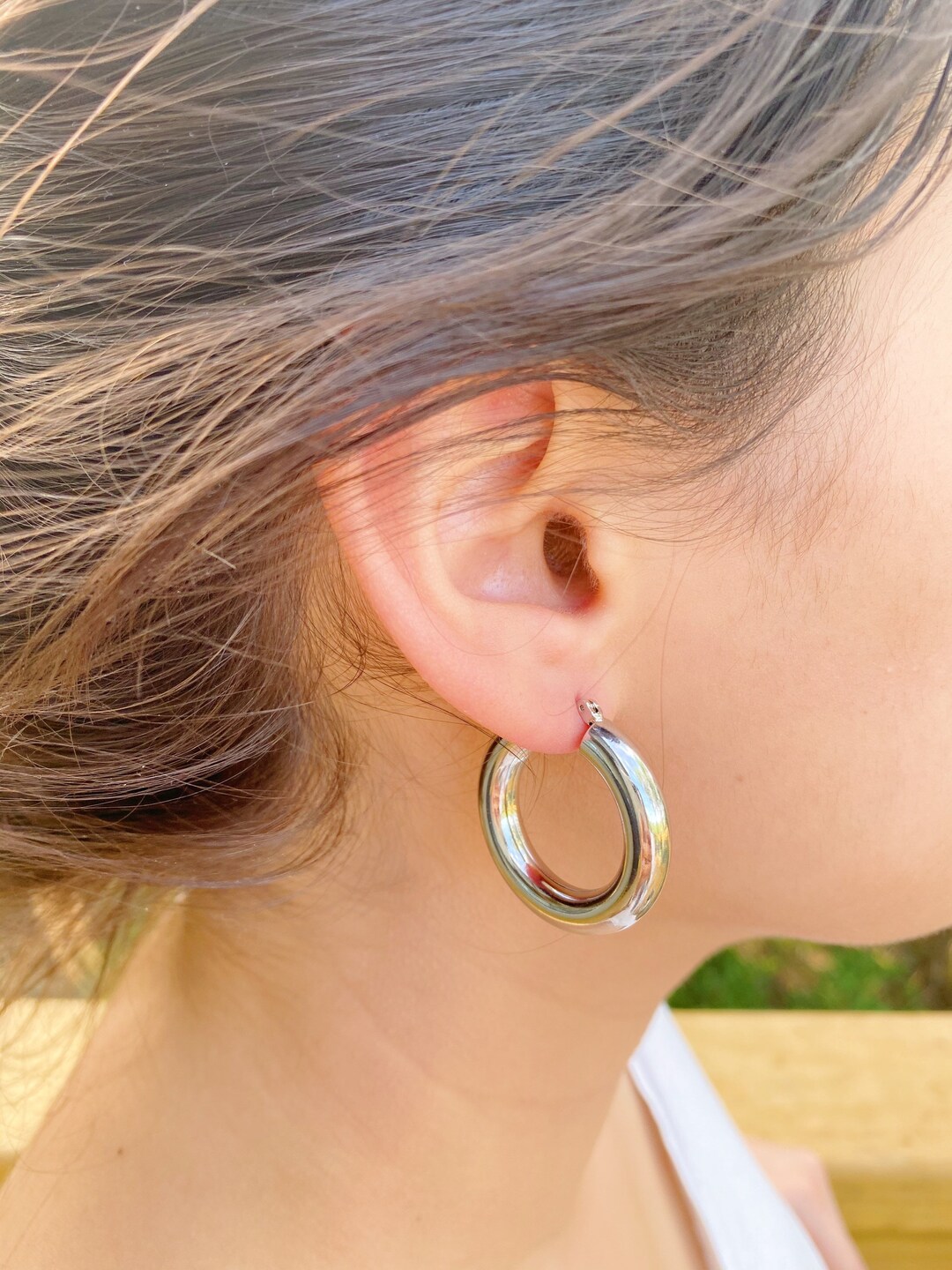 Silver Hoop Earrings Silver Hollow Hoop Earrings Pipe Earrings Thick ...