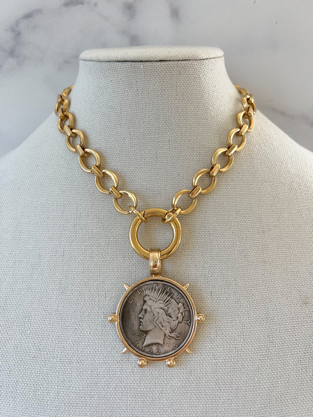 Gold Statement Necklace Gold Chunky Necklace Large Gold Coin - Etsy