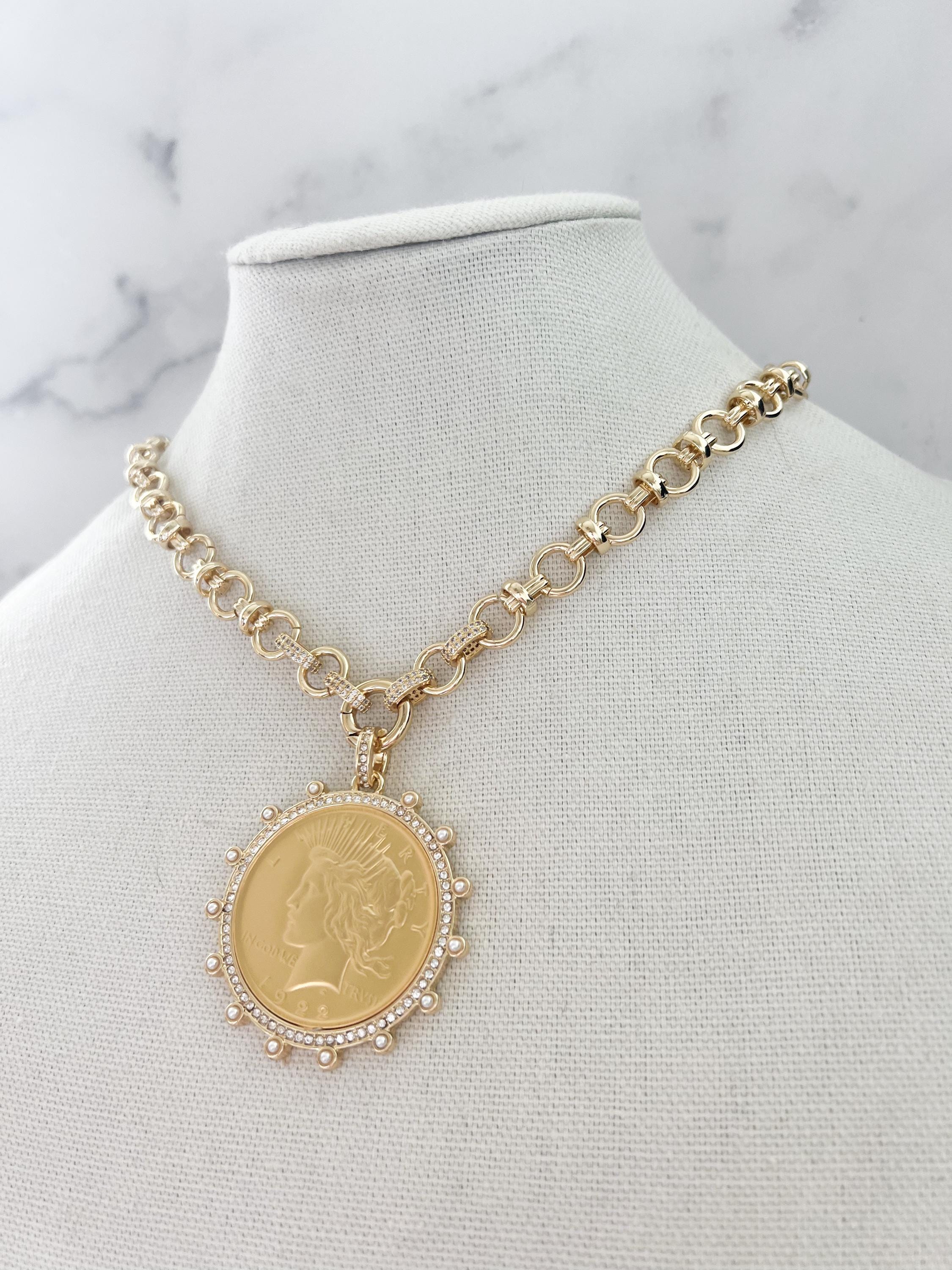 Vintage Coin Necklace Gold Statement Necklace Gold Chunky Necklace ...