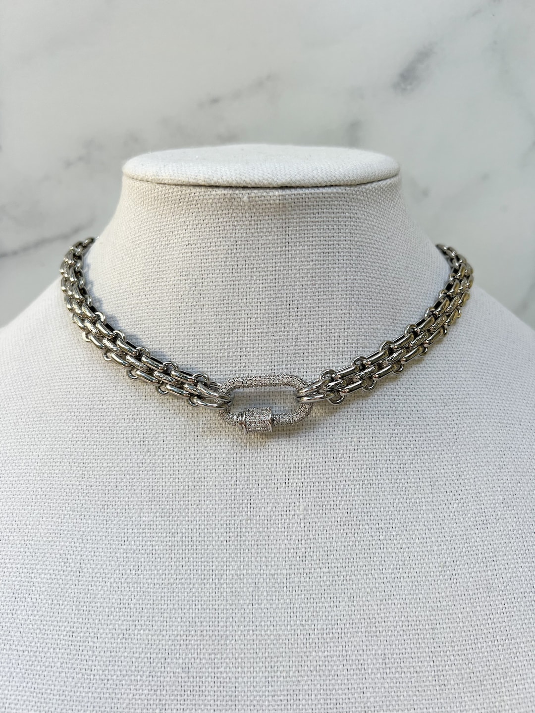 Silver Carabiner Necklace Chunky Silver Necklace Double Chain Silver ...