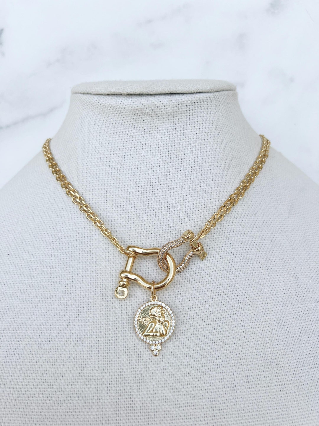 Shackle Chain Necklace Cherub Coin Necklace Double Lock Necklace Gold ...