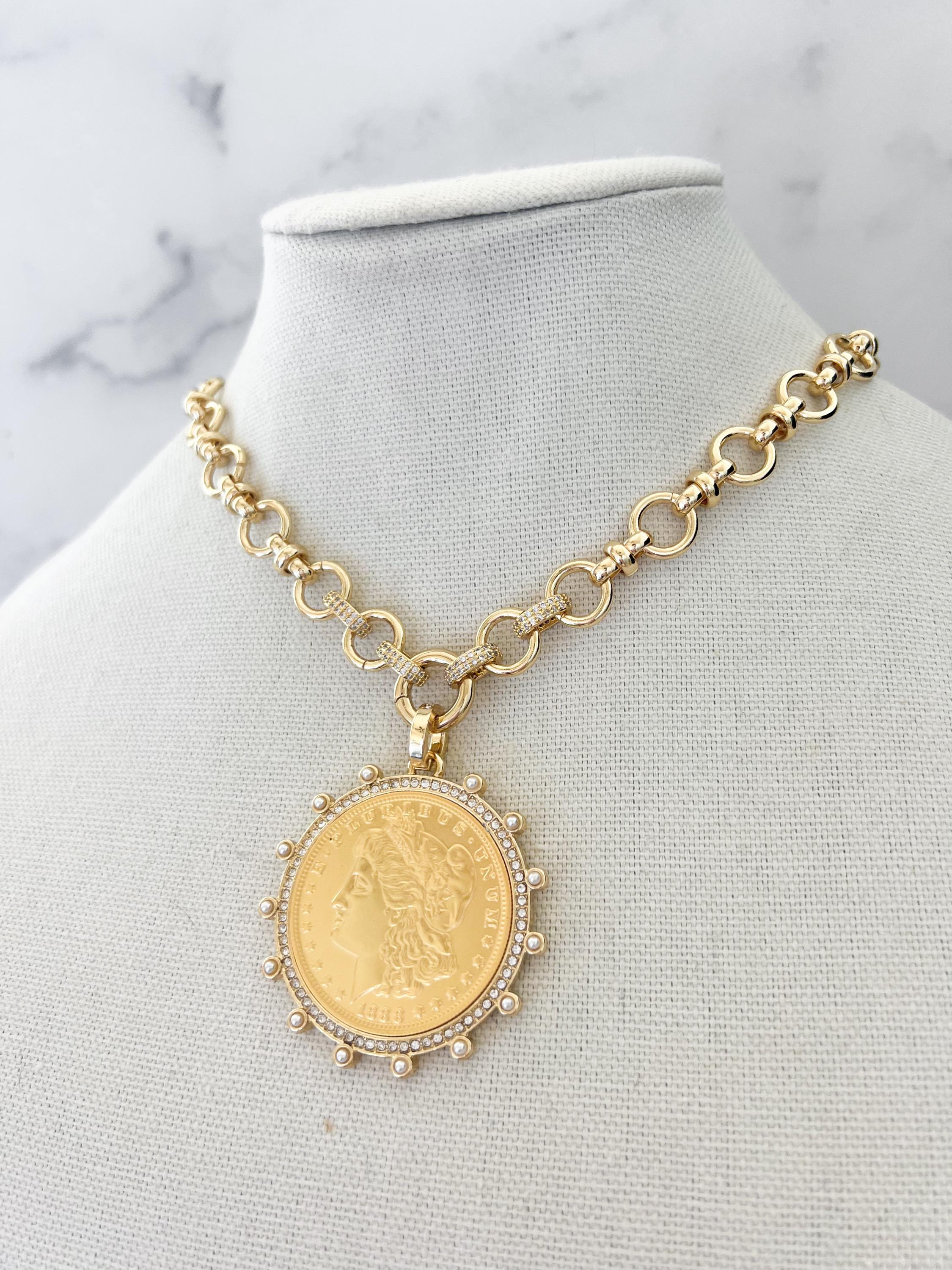 Vintage Coin Necklace Gold Statement Necklace Gold Chunky Necklace ...